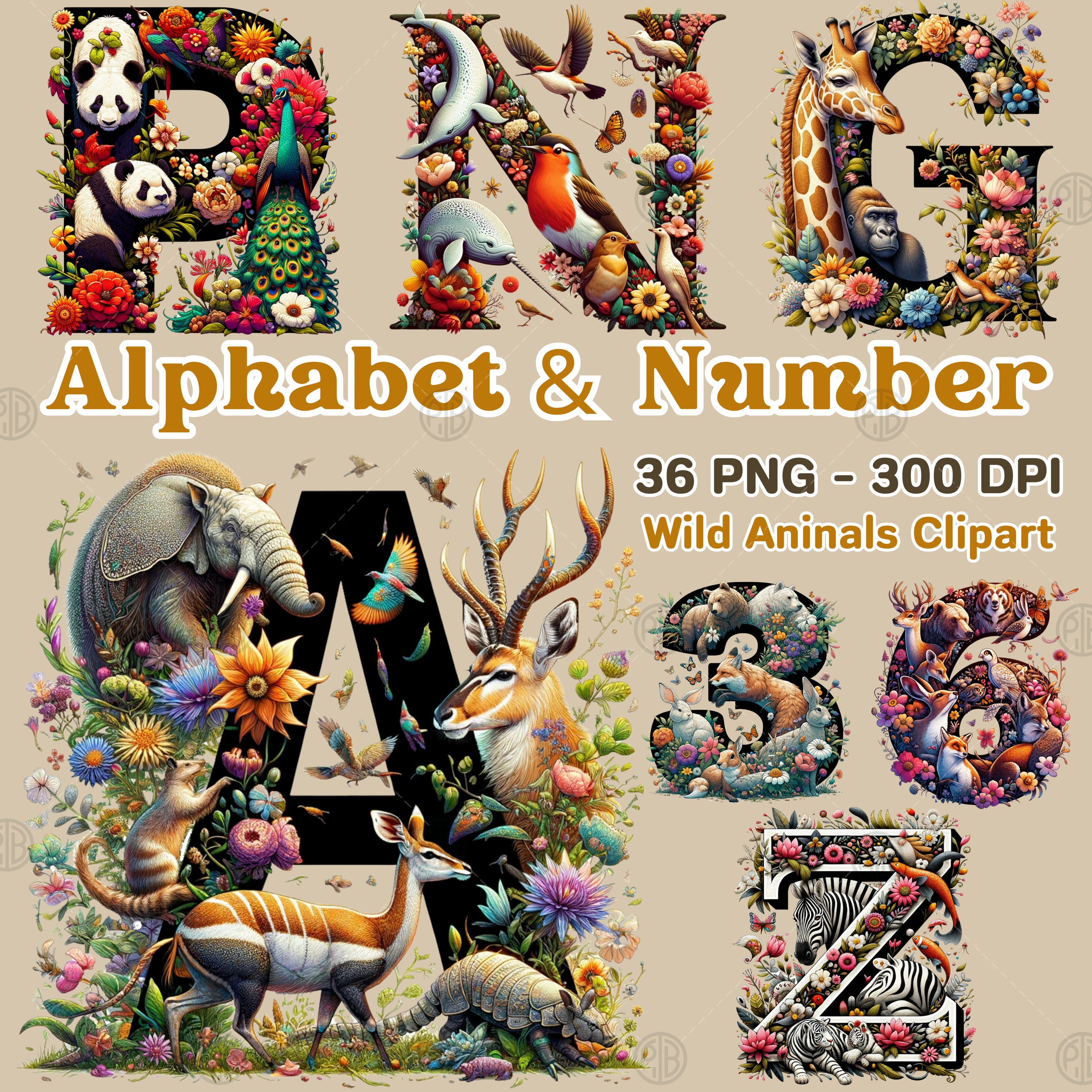 Watercolor Alphabet & Number Wild Animals Clipart, Safari Animal Forest ...