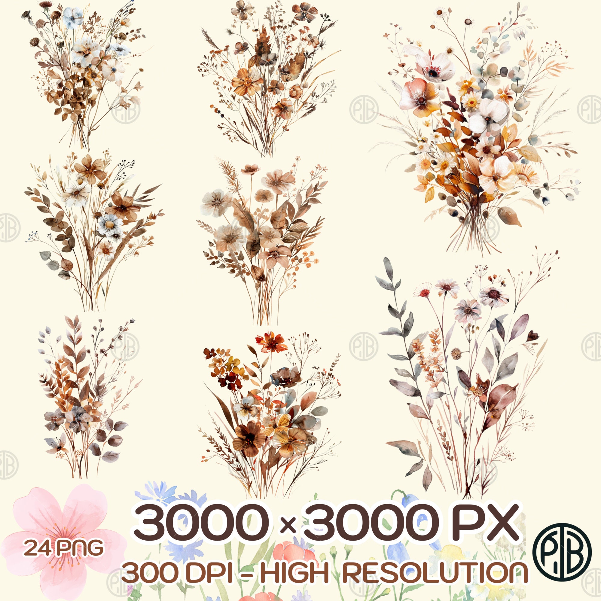 Watercolor Minimalist Wildflower PNG, Flower Clipart, Boho Floral Clip ...