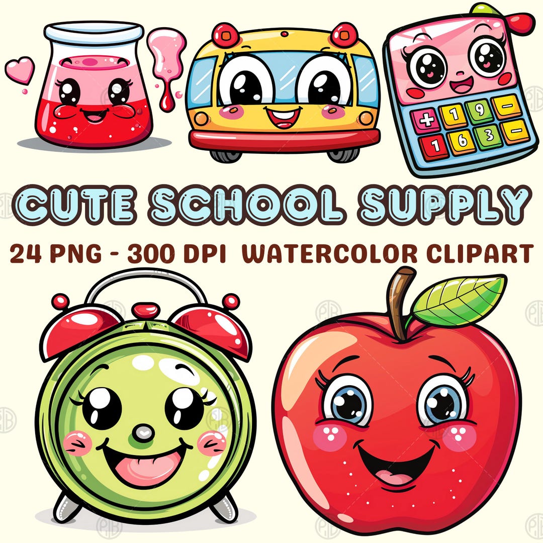 Watercolor Cute Back to School Supply PNG, Kawaii Clip Art, Supplies ...