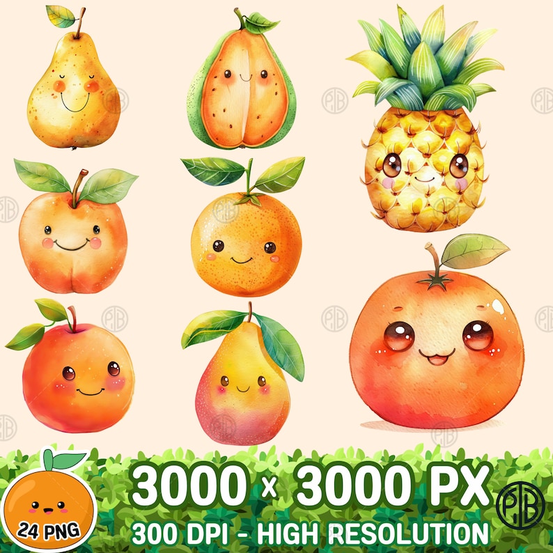 Watercolor Cute Fruits PNG, Kawaii Fruit Clip Art Portrait, Summer ...