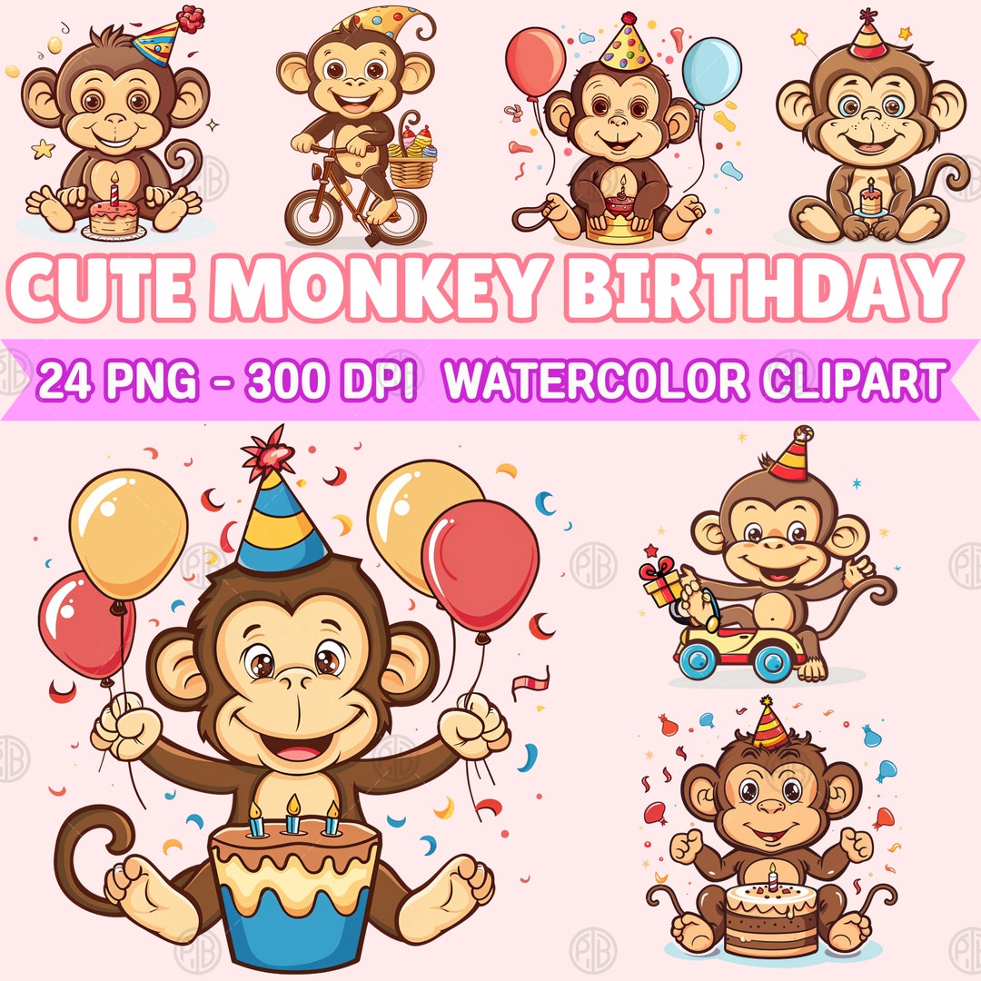 Watercolor Cute Monkey Birthday PNG, Jungle Animal Clip Art, Cake ...