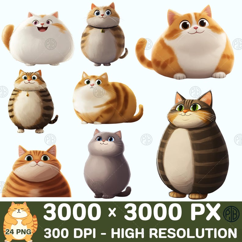 Watercolor Kawaii Fluffy Fat Cat PNG, Cute Cartoon Round Cats Clip Art ...