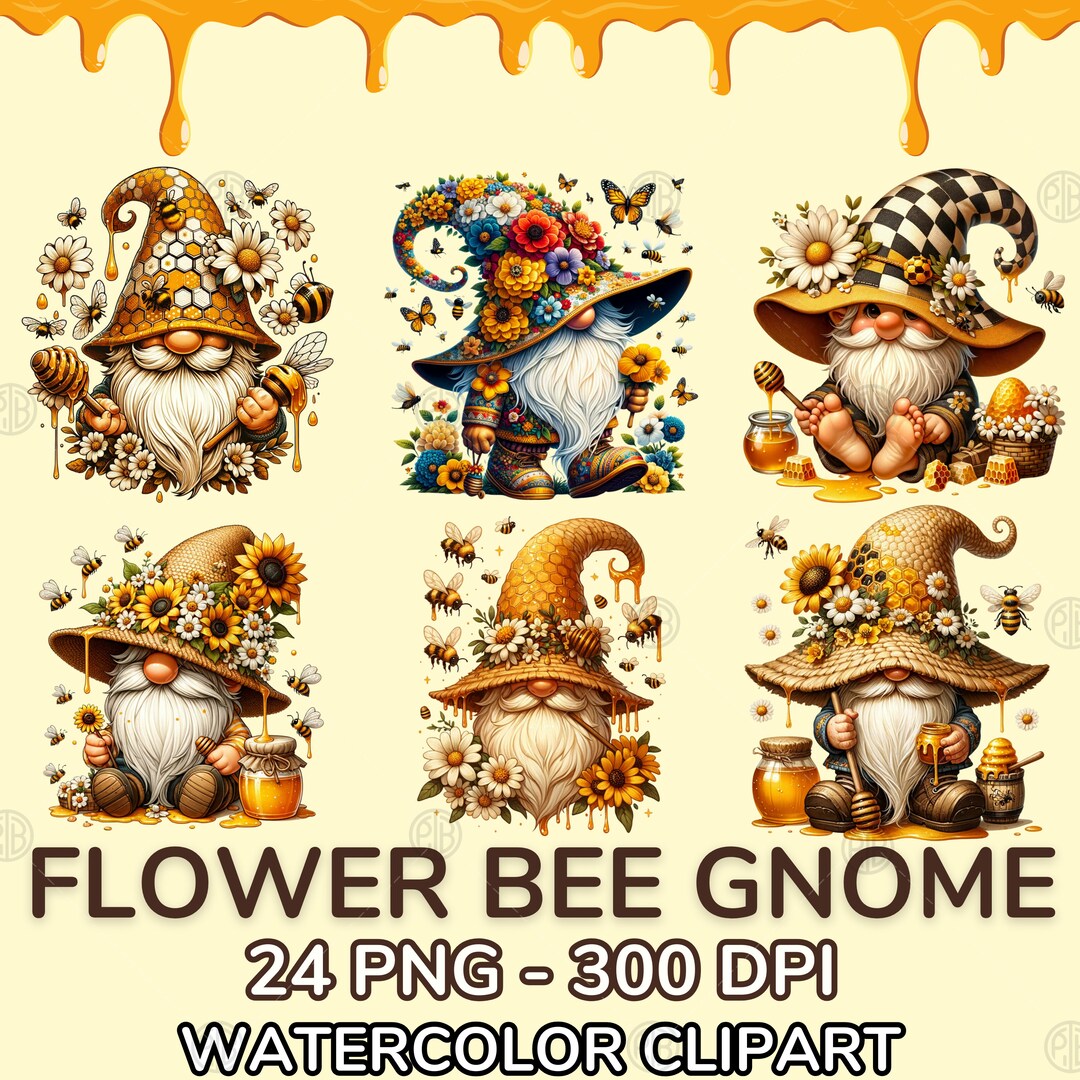 Watercolor Flower Bee Gnome Clipart, Cute Gnomes With Flowers PNG ...