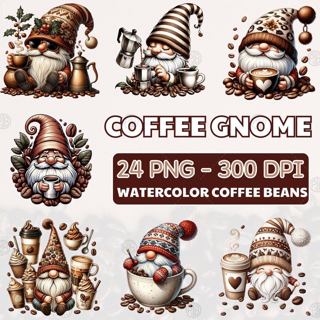 Watercolor Coffee Gnome Clipart, Cute Coffee Latte Gnomes PNG ...