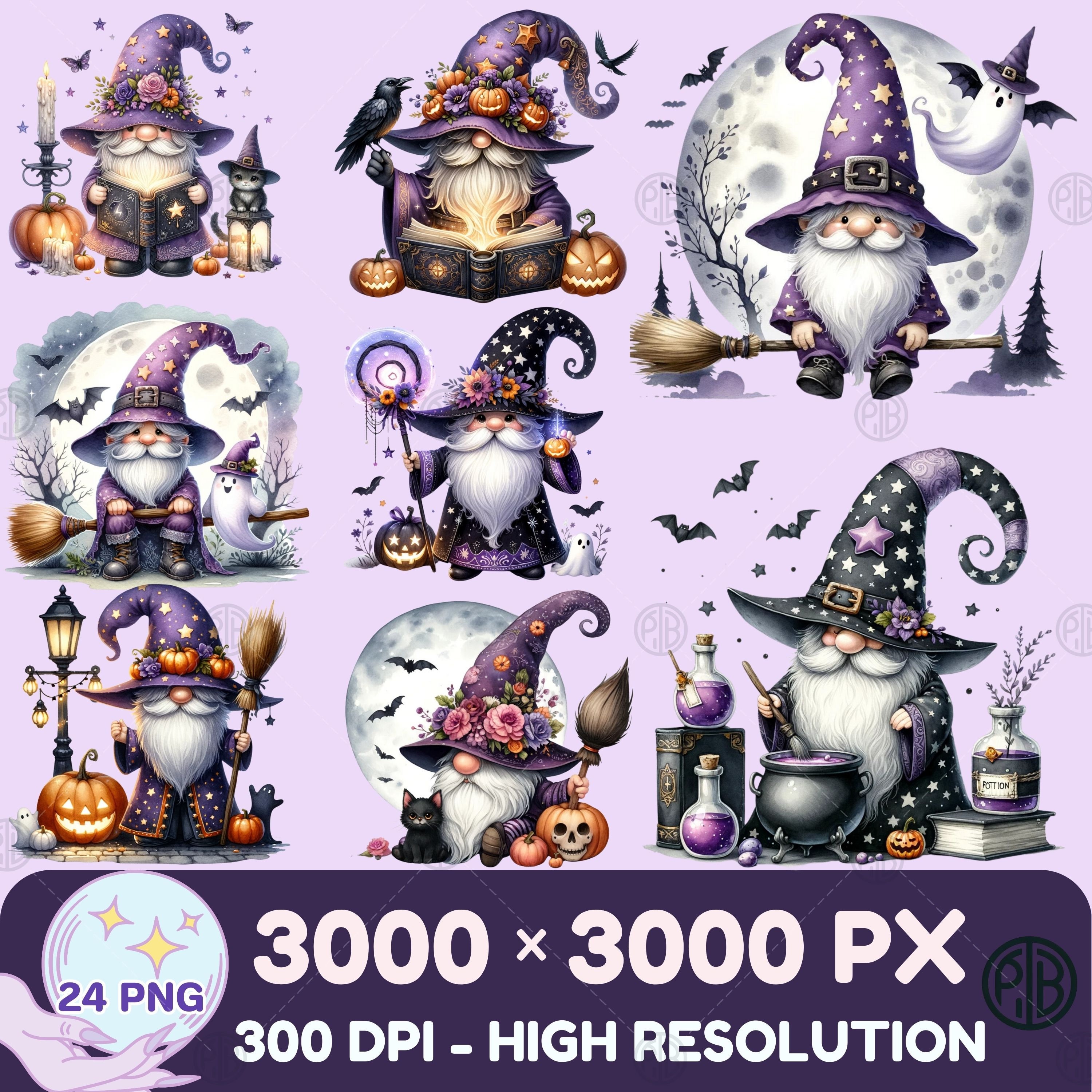 Watercolor Witch Gnomes PNG, Cute Halloween Clip Art, Funny Hat Gnome ...