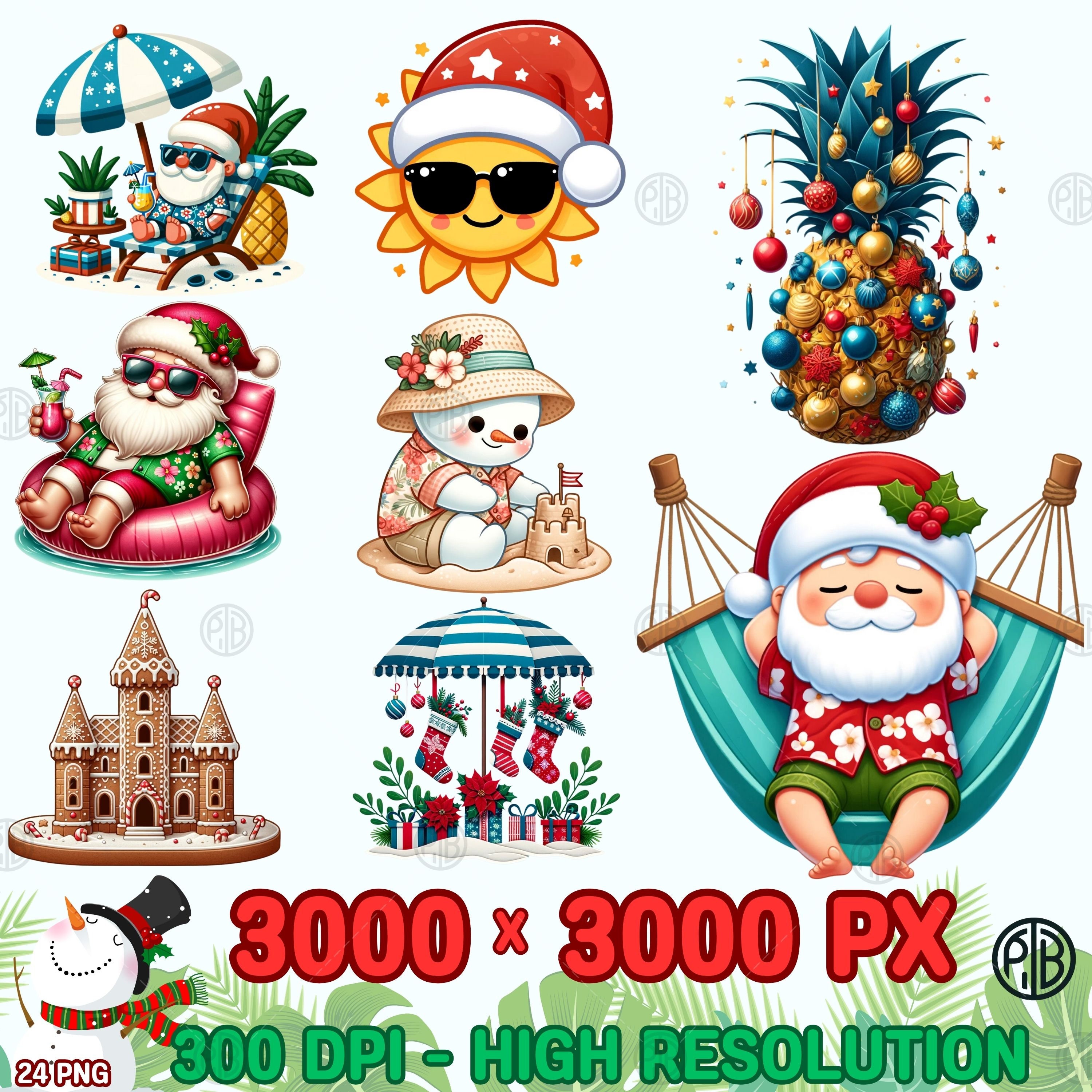 Watercolor Tropical Christmas PNG, Cute Santa Claus in July Clip Art ...