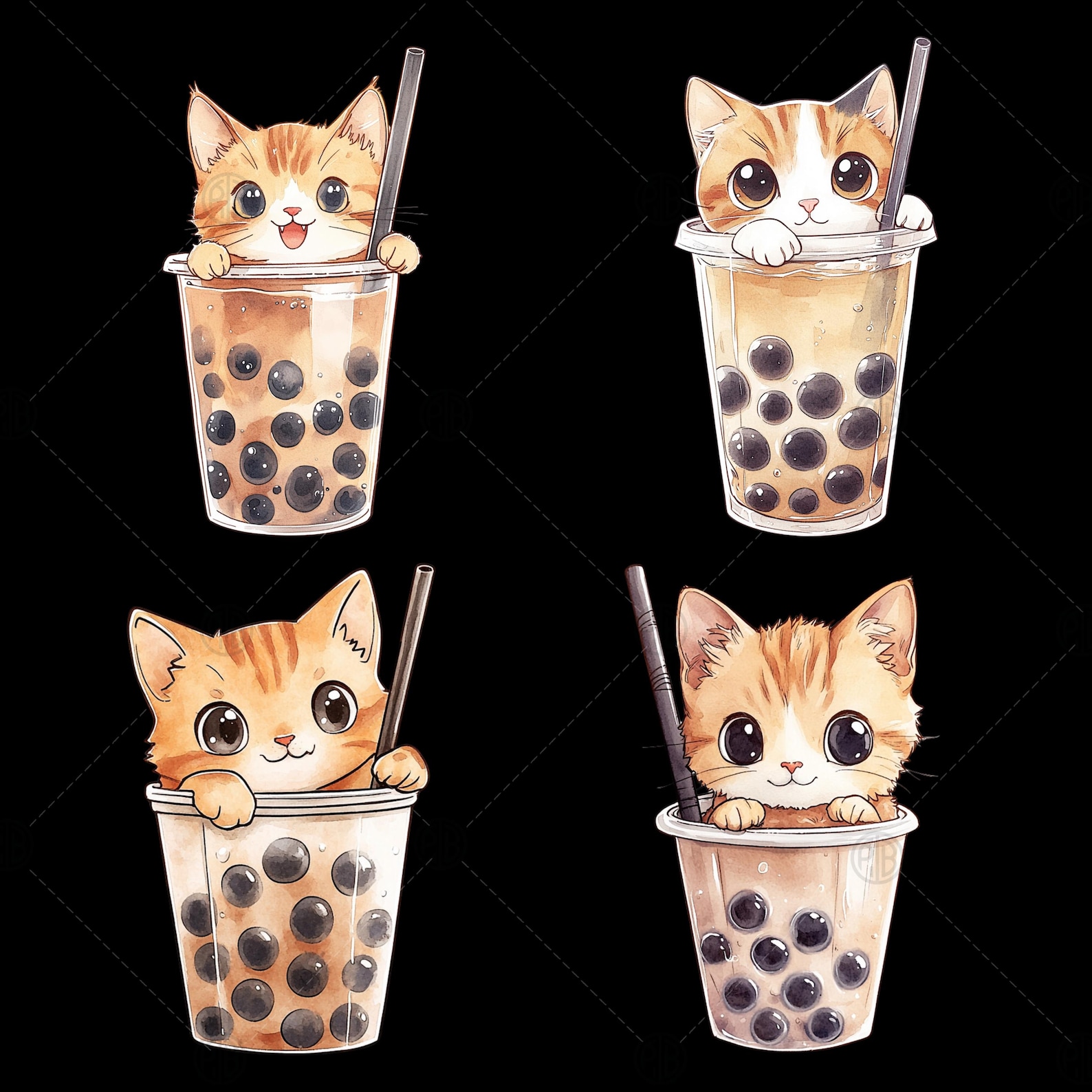 Watercolor Boba Milk Tea Cute Cat PNG, Funny Kitten Clip Art, Kawaii ...