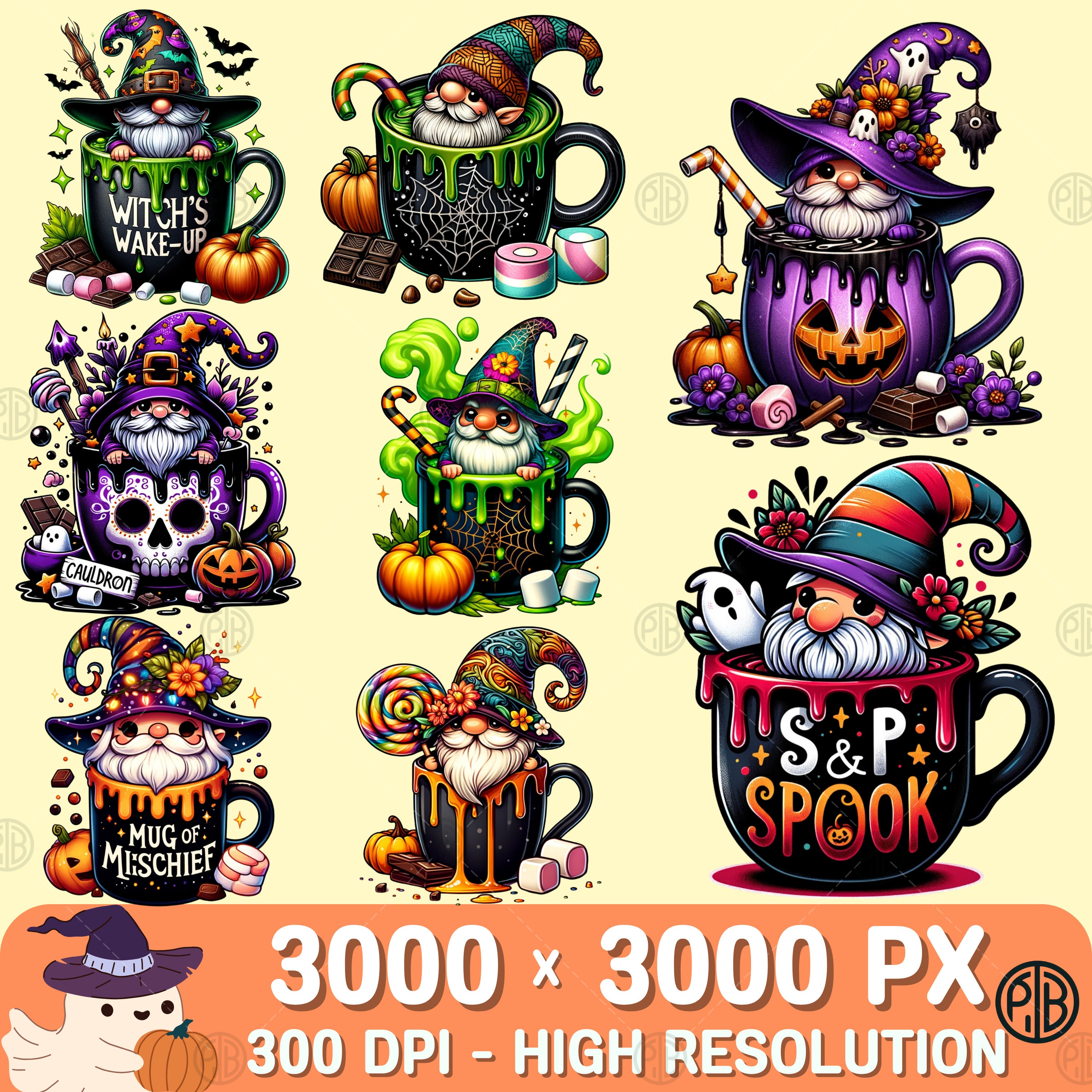 Watercolor Halloween Cocoa Gnomes PNG, Cute Coffee Gnome Clip Art ...