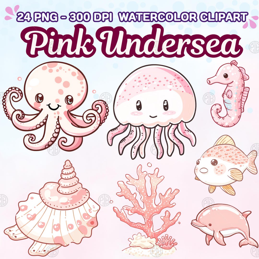Watercolor Pink Undersea PNG, Cute Ocean Animals Clip Art, Sea Life ...