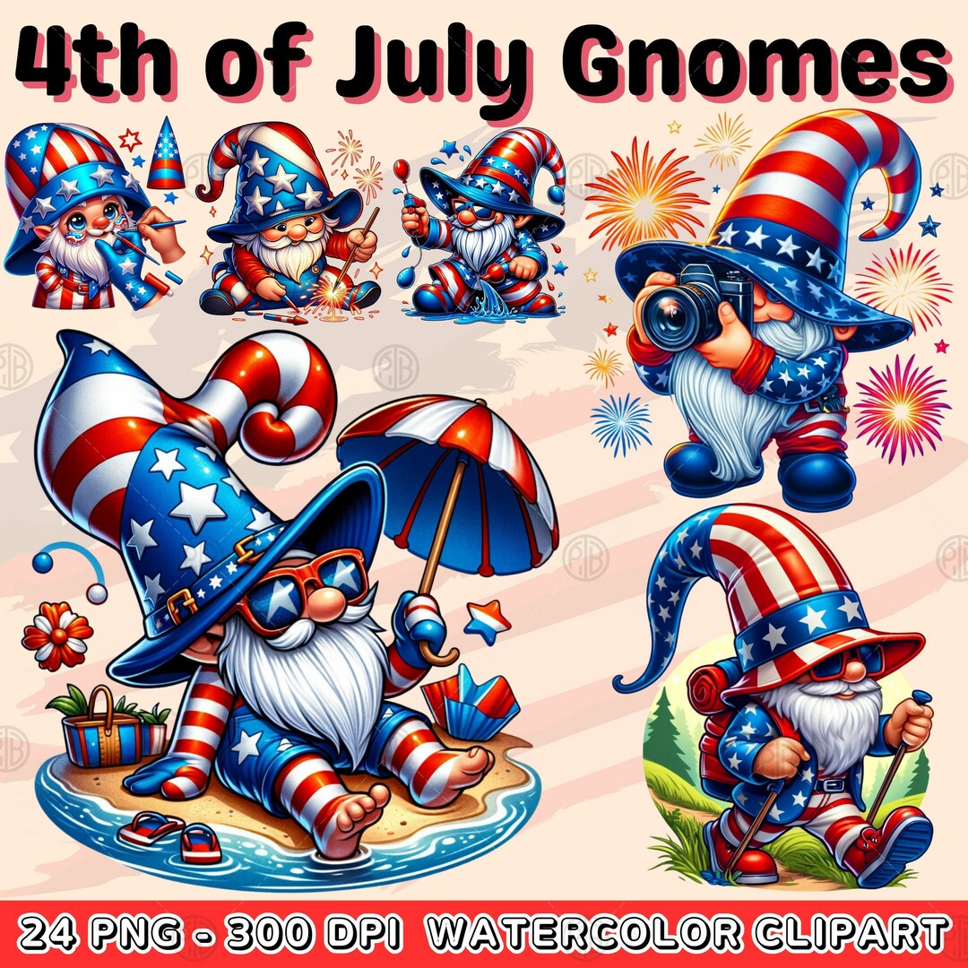 Watercolor 4th of July Gnomes PNG, Patriotic Gnome Clip Art Portrait ...