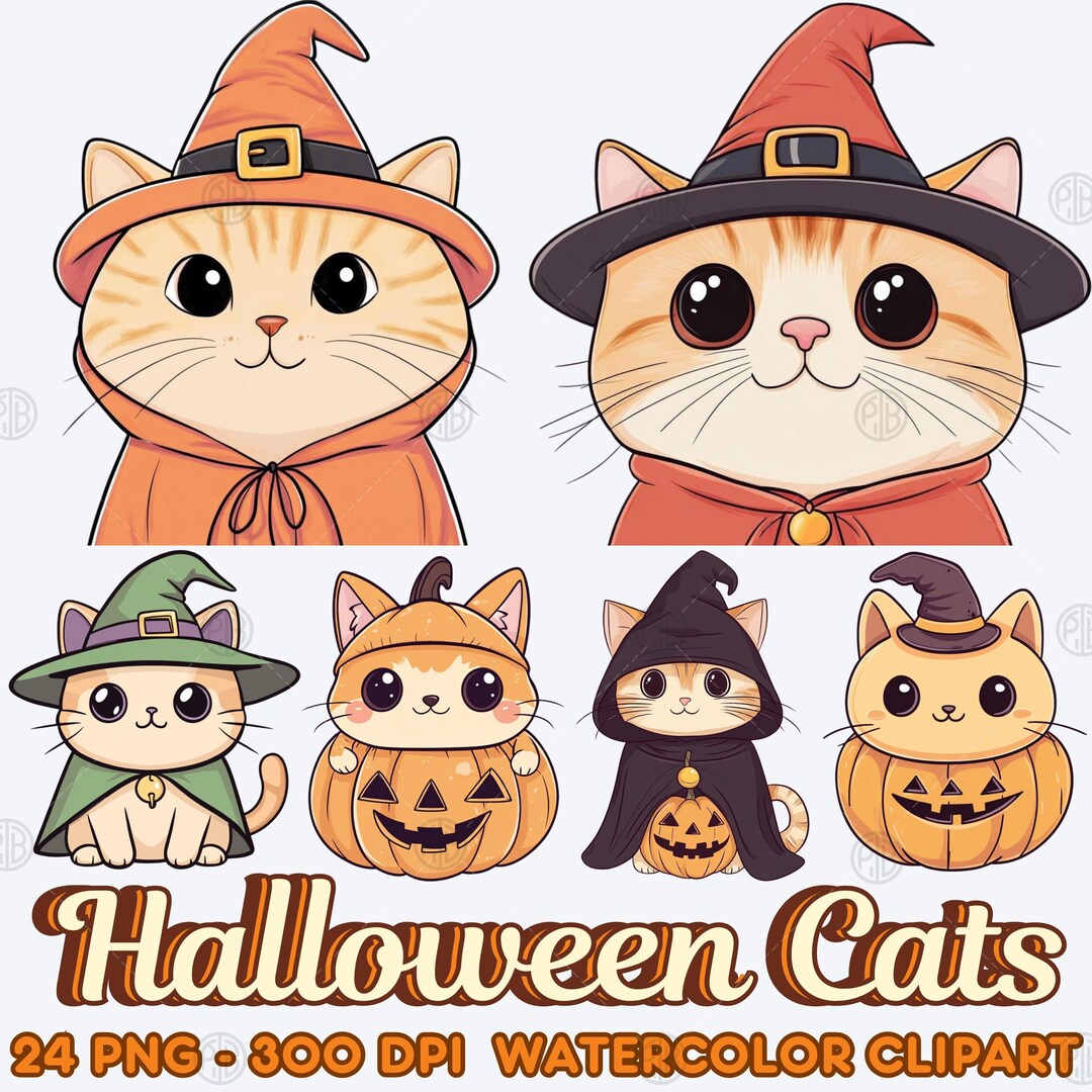Watercolor Cute Halloween Cats PNG, Witch Kitten Clip Art, Pumpkin ...