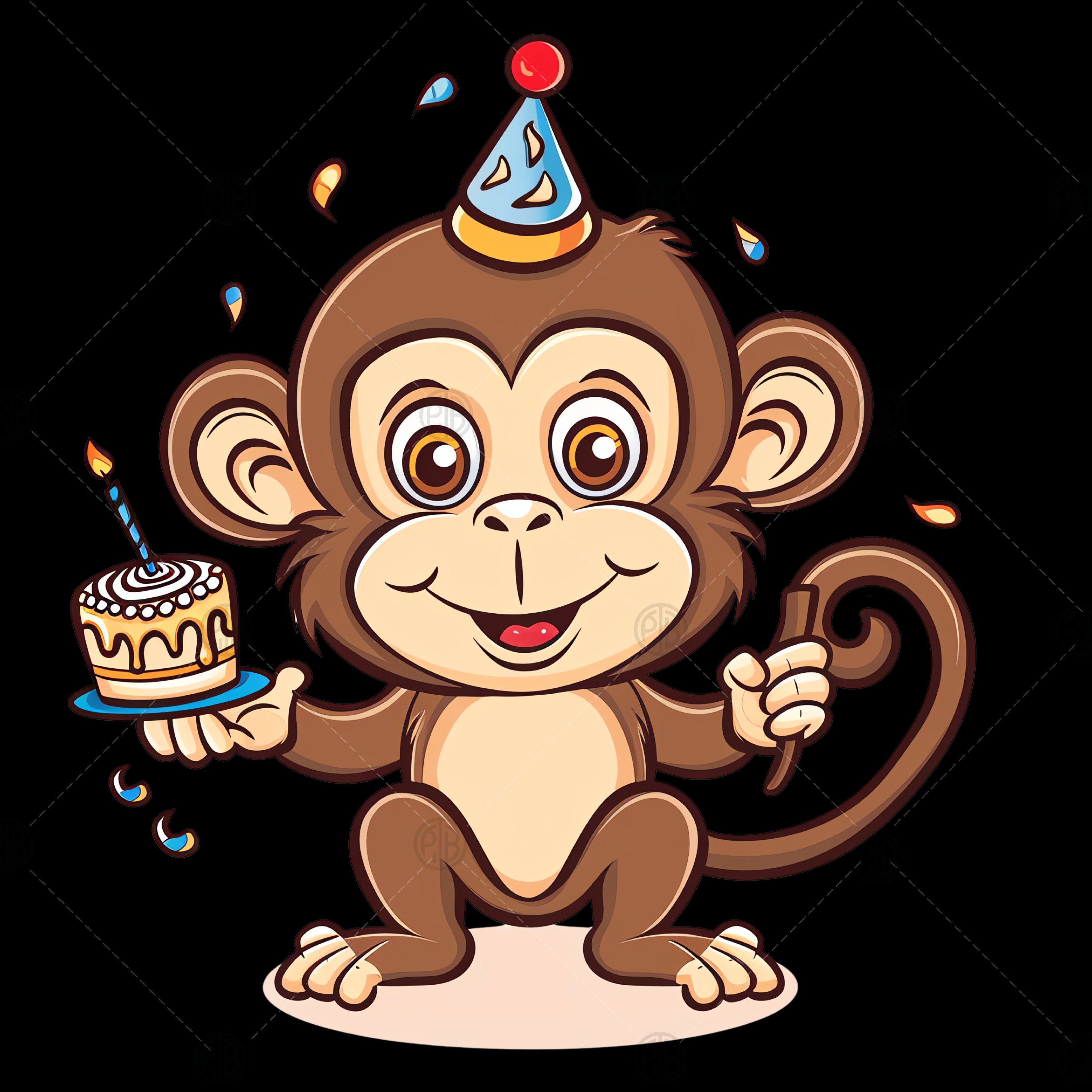Watercolor Cute Monkey Birthday PNG, Jungle Animal Clip Art, Cake ...