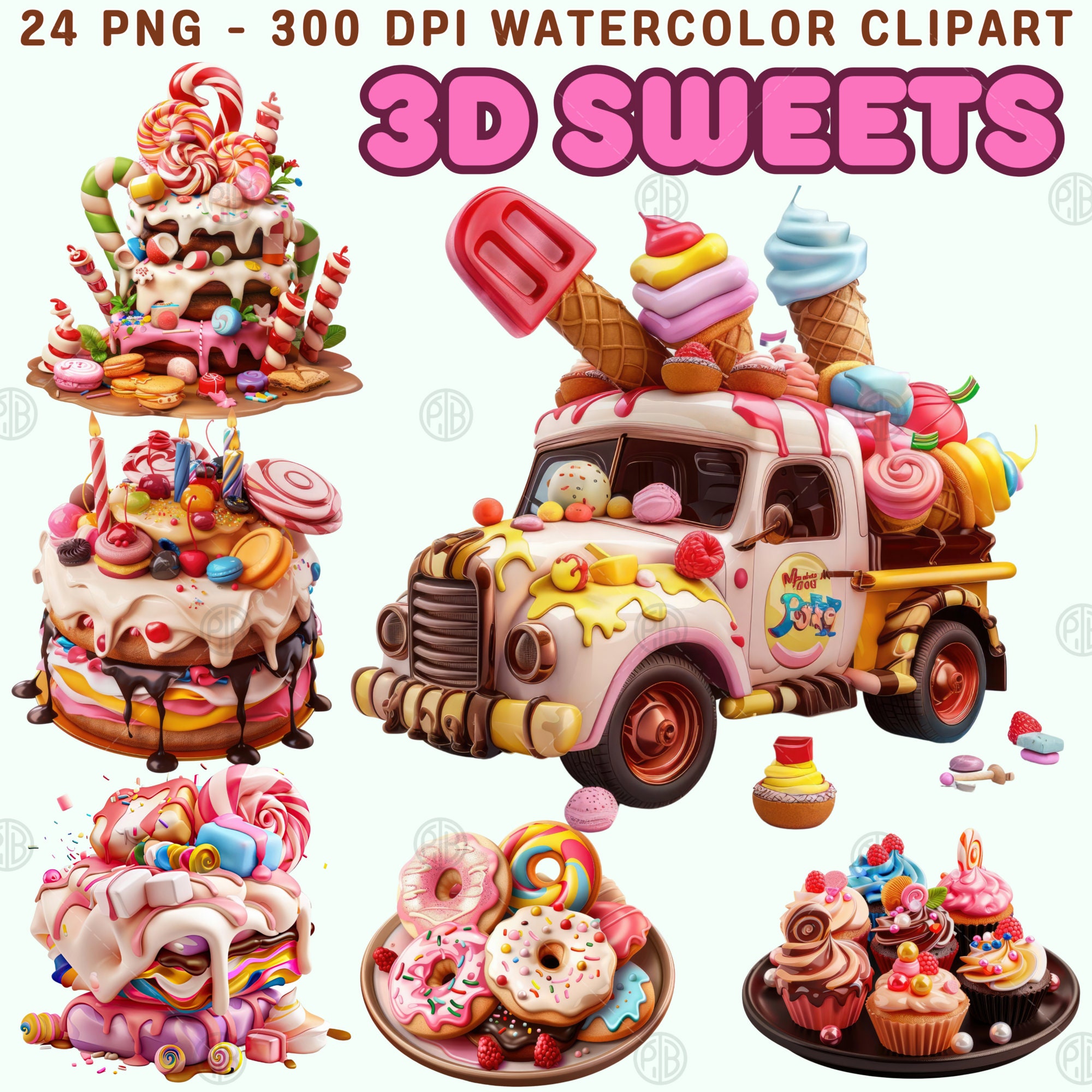 Watercolor 3D Pastel Sweets PNG, Candy Clip Art Portrait, Treats ...