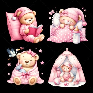 Watercolor Pink Sleepy Bear PNG, Cute Baby Bear Clip Art, Sweet Cartoon ...