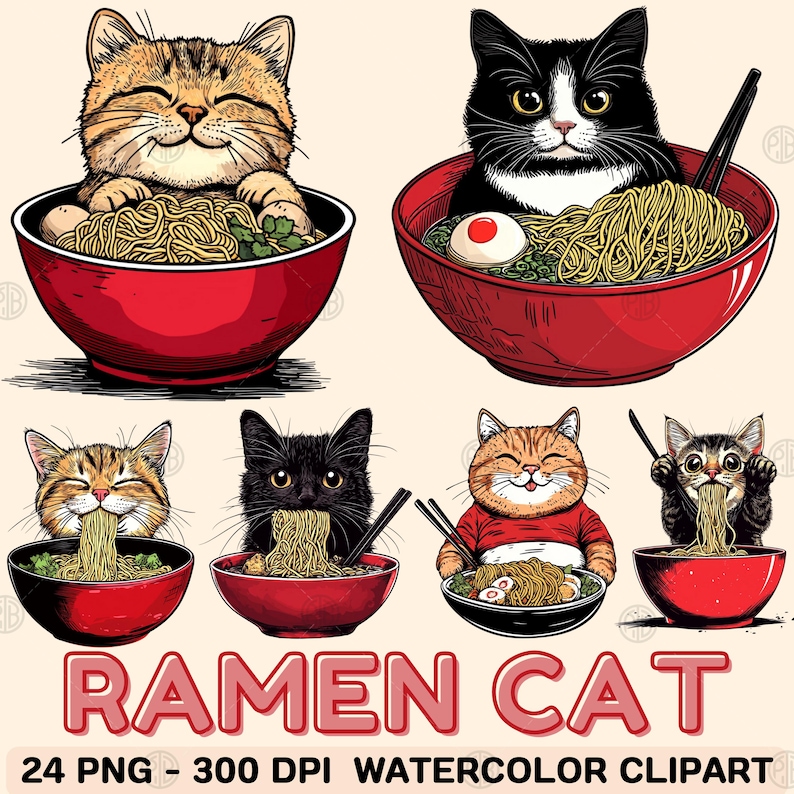 Watercolor Ramen Bowl Cat PNG, Kawaii Cartoon Cats With Noodles Clip ...