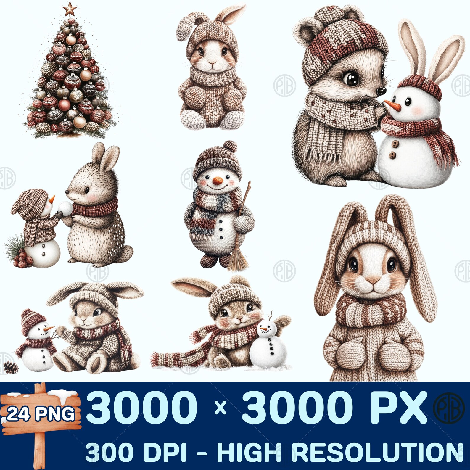 Watercolor Winter Woodland Bunny PNG, Cozy Animal Clip Art, Snowmen ...