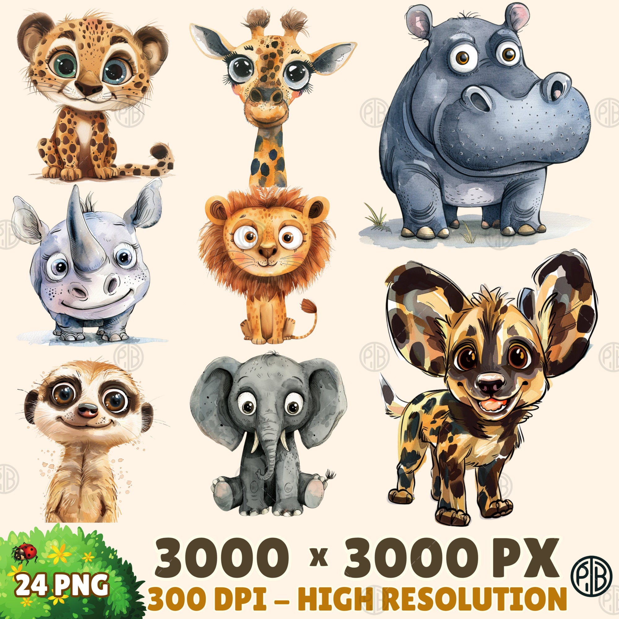 Watercolor Quirky Safari Animals PNG, Silly Wild Animal Clip Art ...