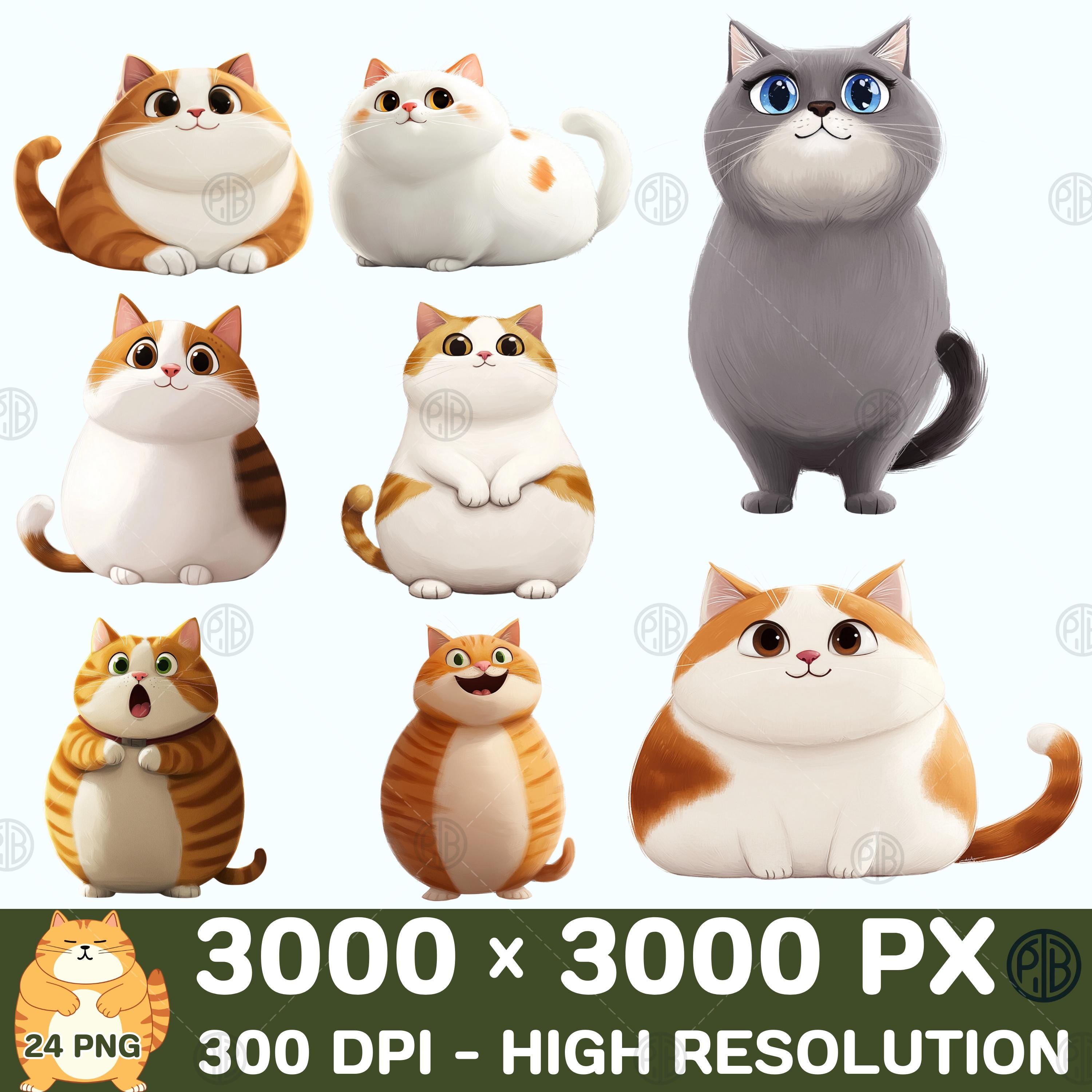 Watercolor Kawaii Fluffy Fat Cat PNG, Cute Cartoon Round Cats Clip Art ...