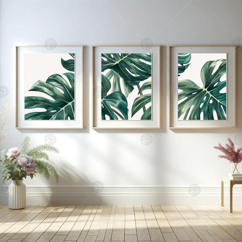 Watercolor Set of 3 Monstera Leaves PNG, Botanical Leaf Clipart, Green ...