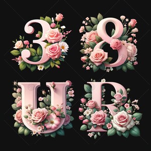 Watercolor Pink Rose Floral Alphabet & Number PNG, Flower Clip Art ...