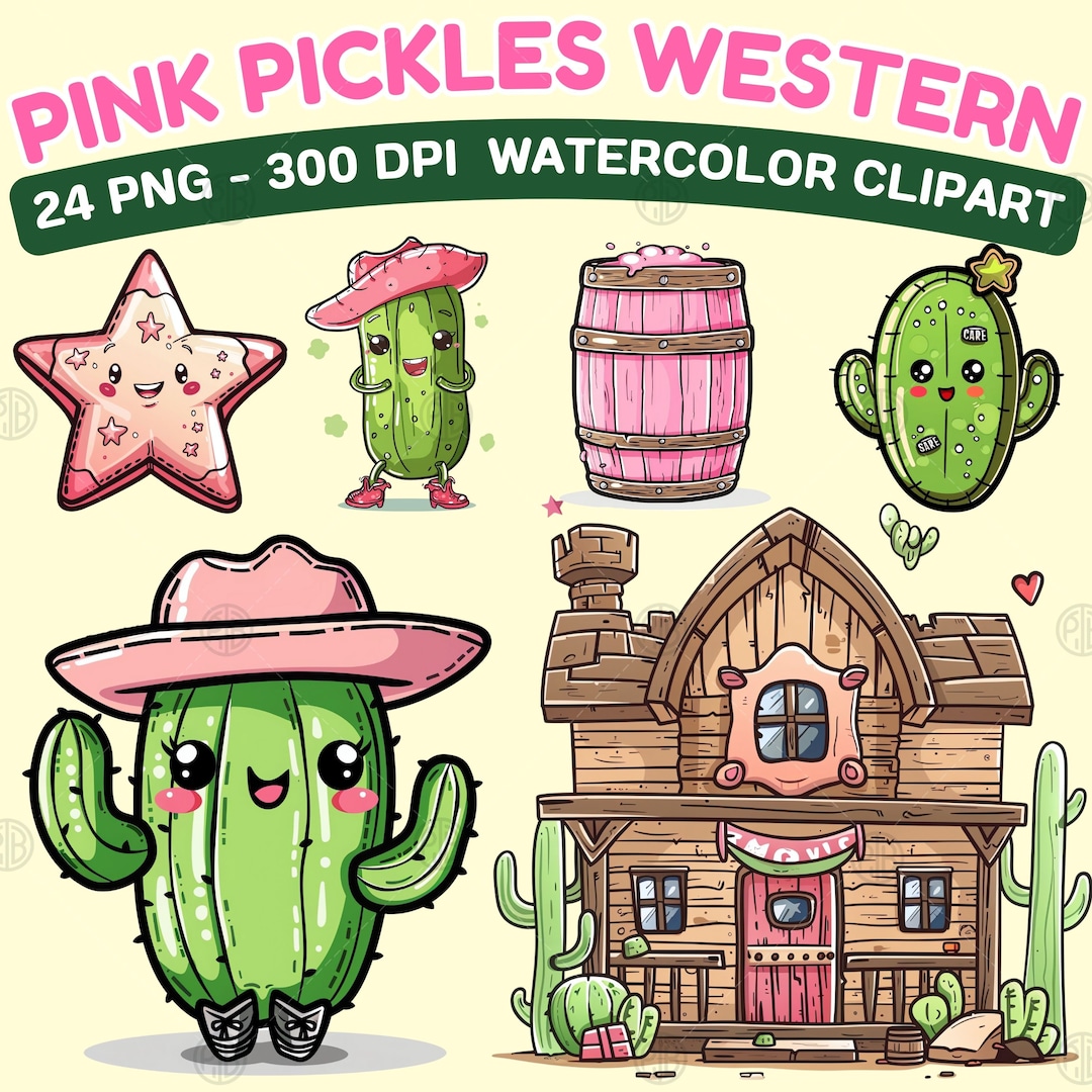Watercolor Cute Cowboy Cactus PNG, Funny Pickles Clip Art, Western ...