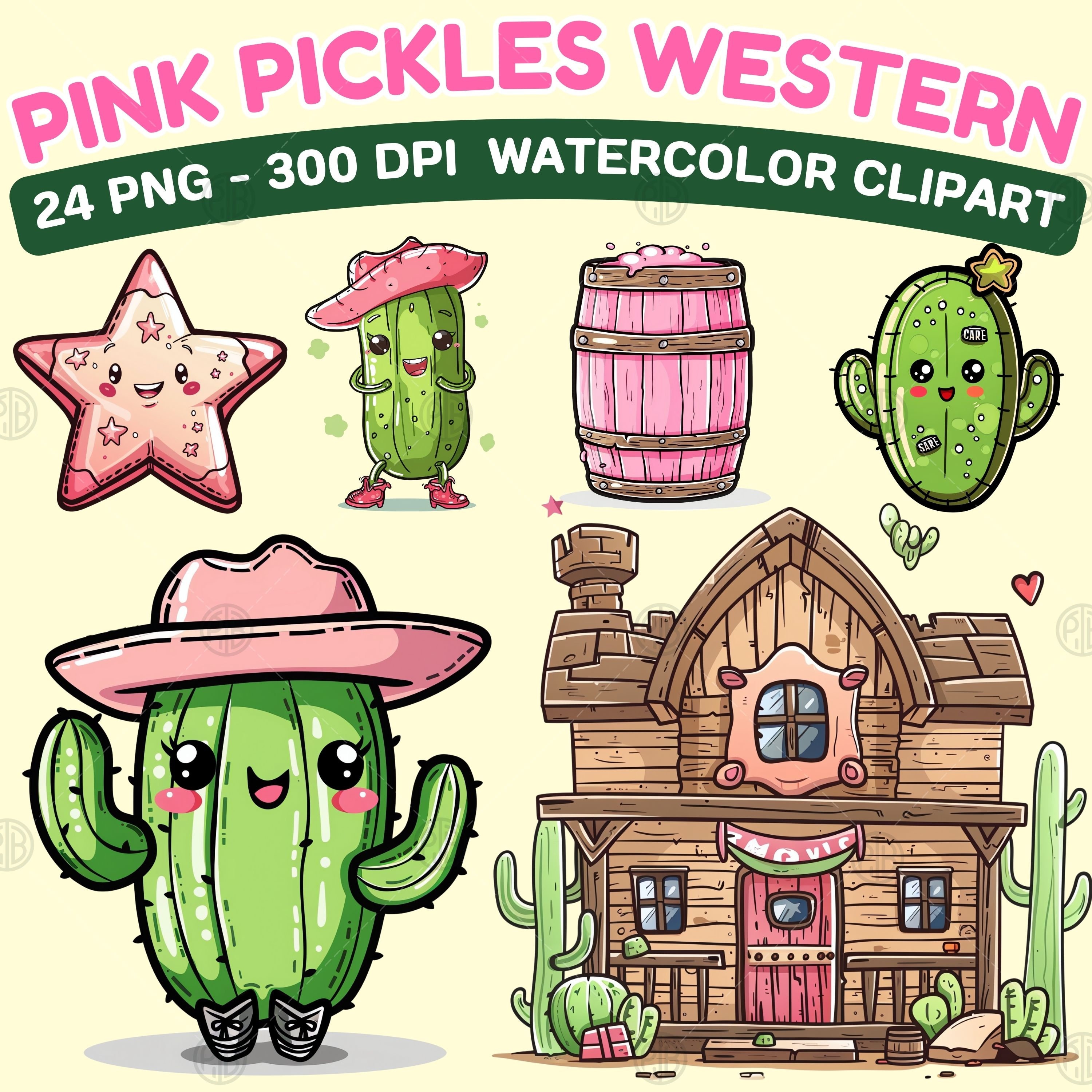 Watercolor Cute Cowboy Cactus PNG, Funny Pickles Clip Art, Western ...