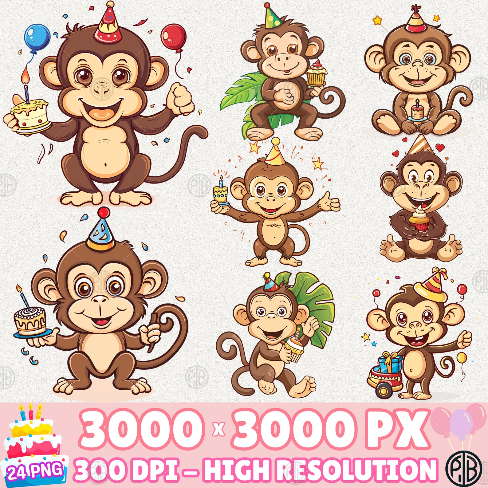 Watercolor Cute Monkey Birthday PNG, Jungle Animal Clip Art, Cake ...