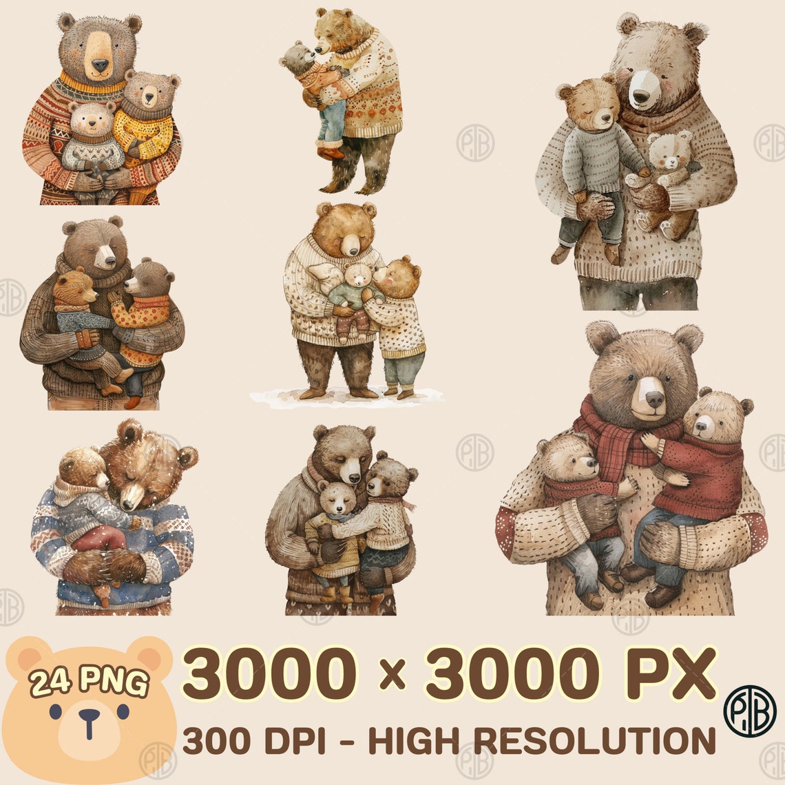 Watercolor Father Bear PNG, Father's Day Clipart, Heartwarming Papa ...