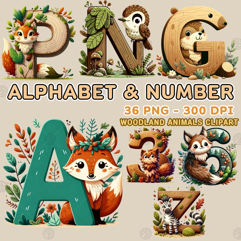 Watercolor Alphabet & Number Woodland Animals Clipart, Cute Animal ...