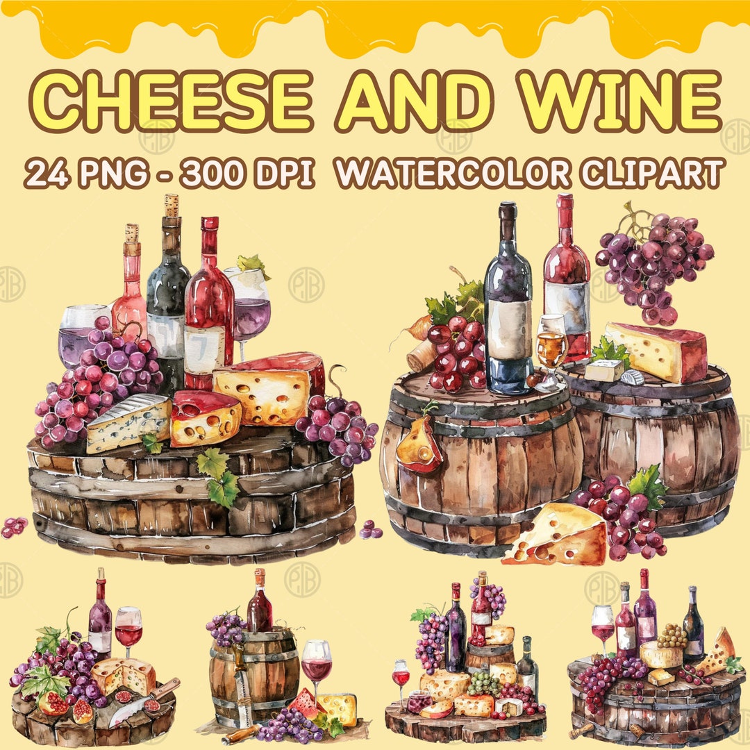 Watercolor Cheese and Wine PNG, Red Wine Lover Clip Art Portrait, Funny ...