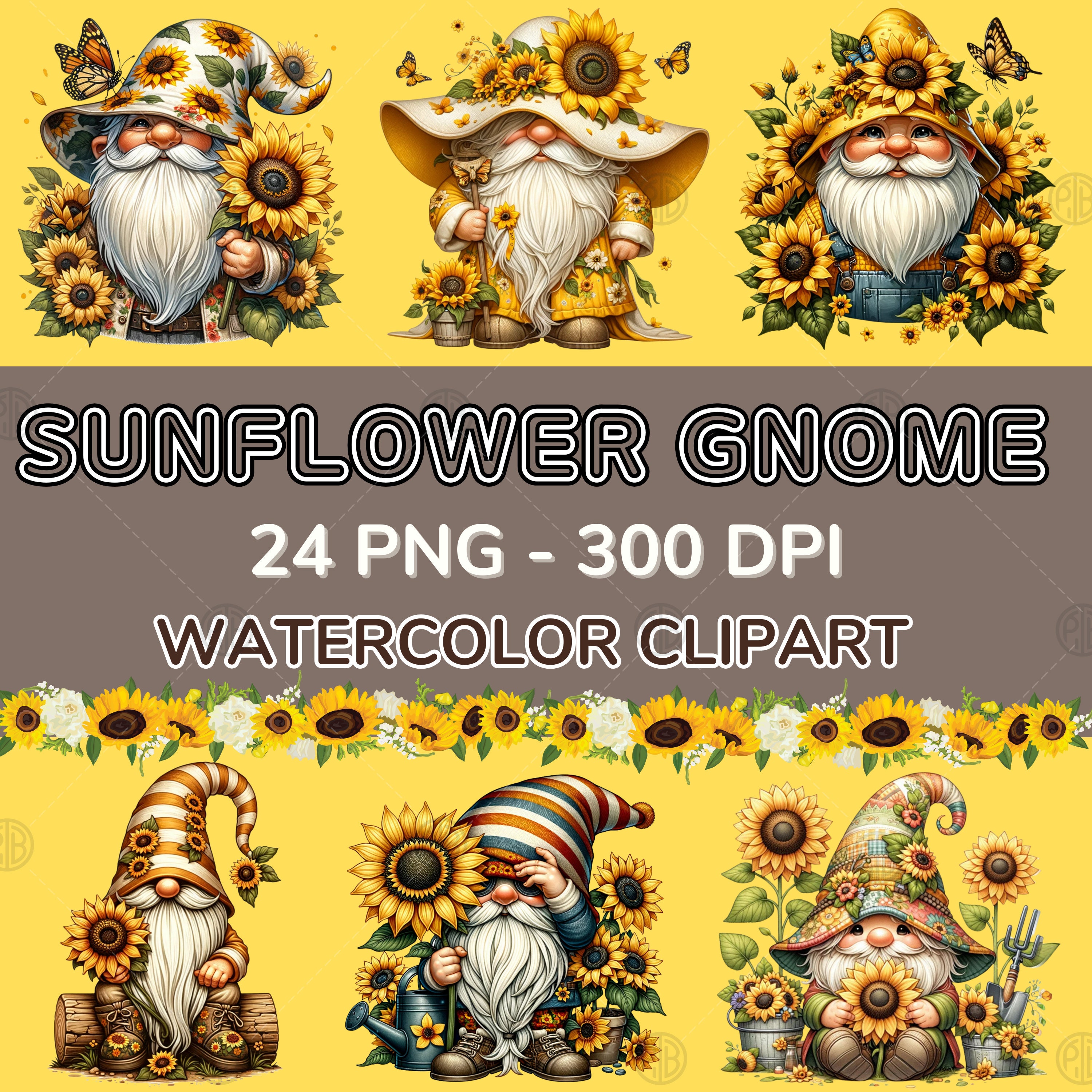 Watercolor Sunflower Gnome Clipart, Cute Sunflowers Gnomes PNG, Spring ...