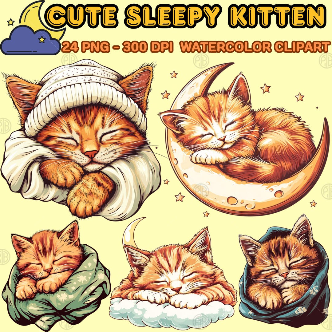 Watercolor Cute Sleepy Kitten PNG, Sleeping Cat in Pajamas Clip Art ...