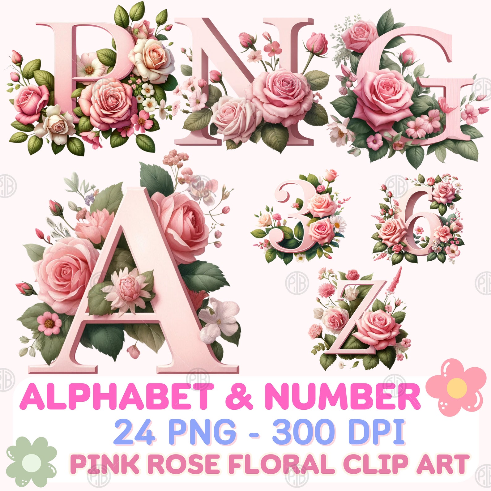 Watercolor Pink Rose Floral Alphabet & Number PNG, Flower Clip Art ...