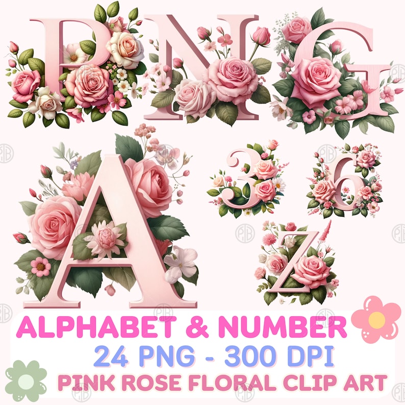 Watercolor Pink Rose Floral Alphabet & Number PNG, Flower Clip Art ...