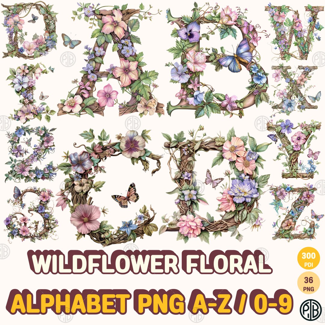 Watercolor Wildflower Floral Alphabet & Number PNG, Flower Clip Art ...