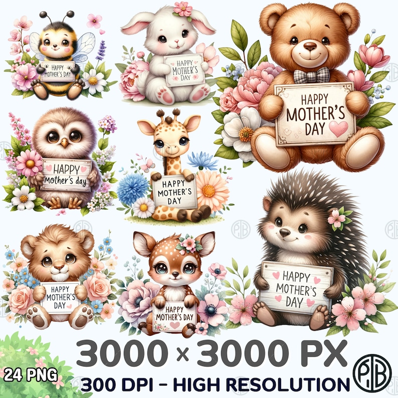 Watercolor Mothers Day Animals PNG, Cute Happy Mother's Day Clipart ...