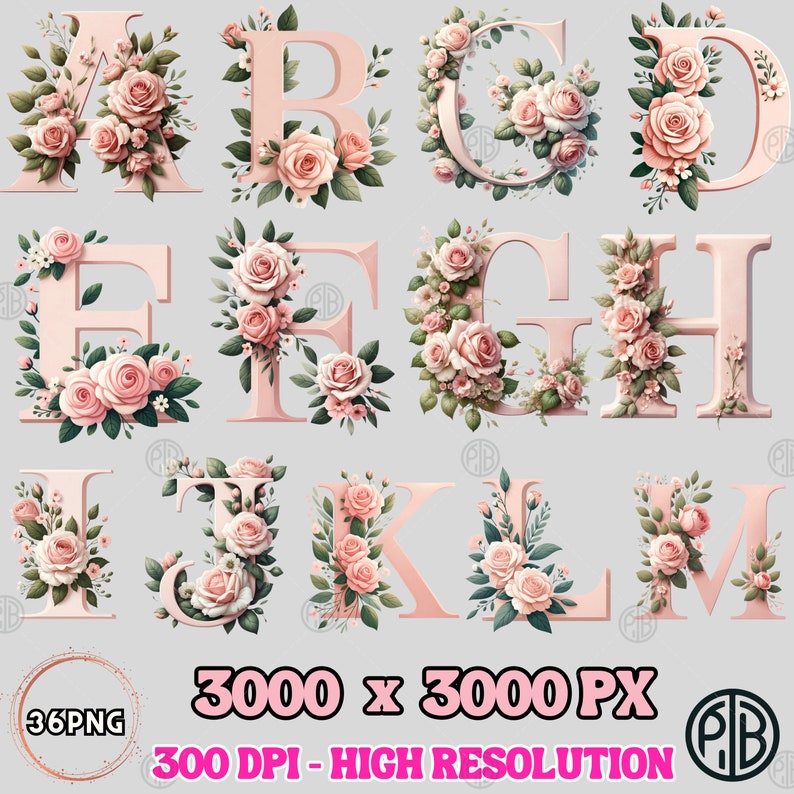 Watercolor Alphabet & Number Soft Pink Rose Clipart, Cute Floral ABC ...