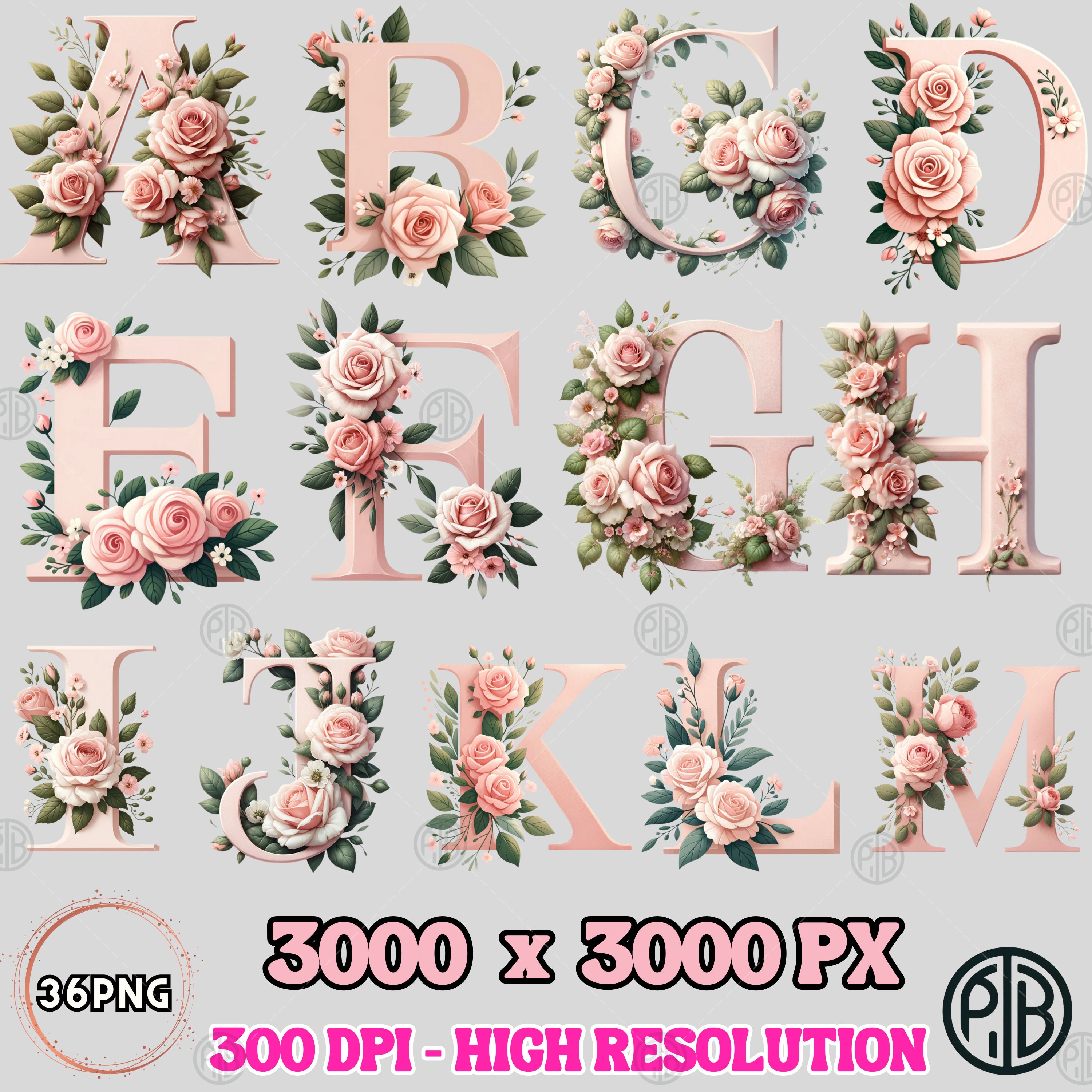 Watercolor Alphabet & Number Soft Pink Rose Clipart, Cute Floral ABC ...