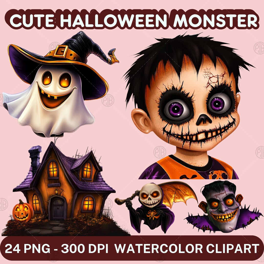 Watercolor Cute Halloween Monster PNG, Pumpkin Clip Art, Witch Clipart ...