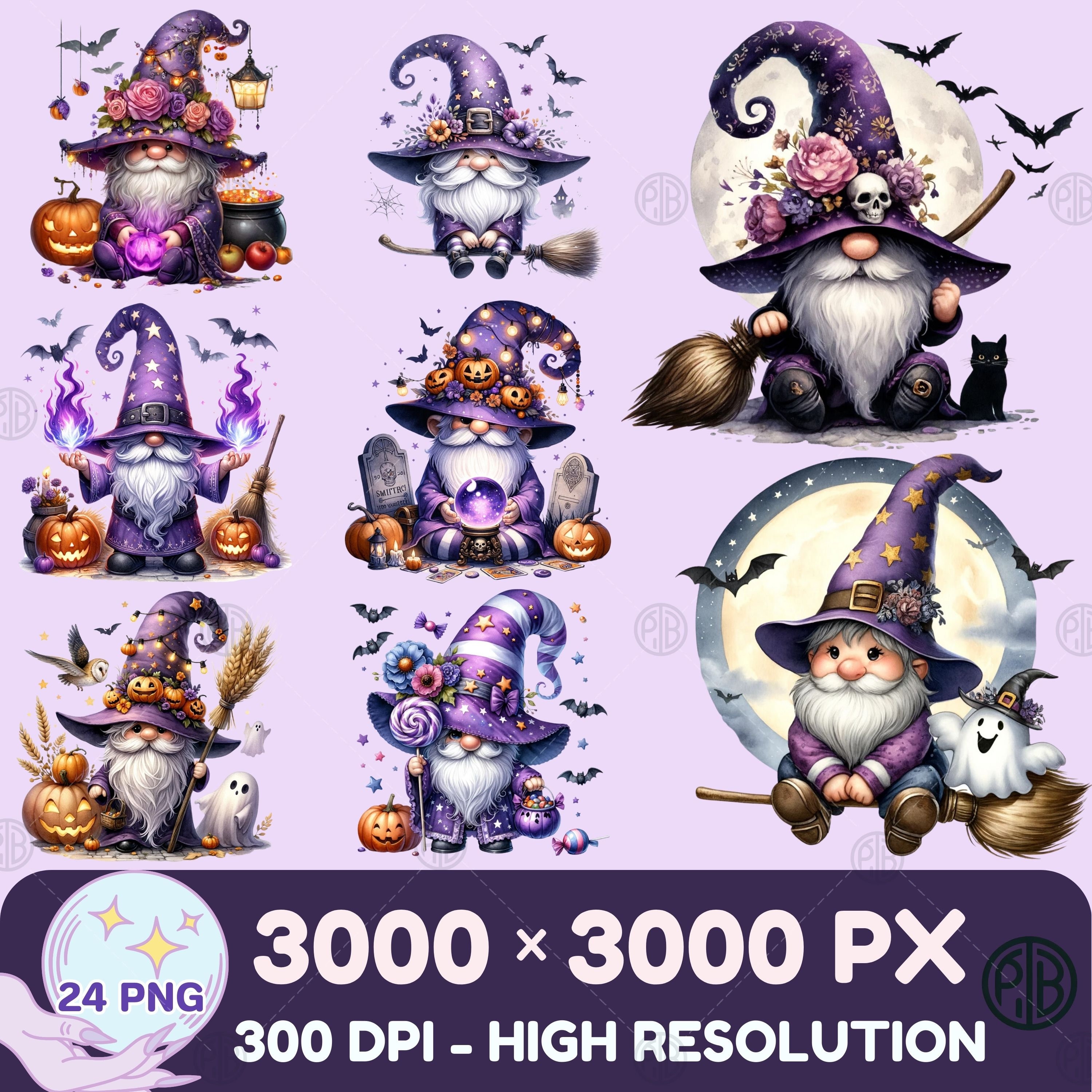 Watercolor Witch Gnomes PNG, Cute Halloween Clip Art, Funny Hat Gnome ...