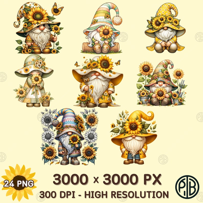 Watercolor Sunflower Gnome Clipart, Cute Sunflowers Gnomes PNG, Spring ...