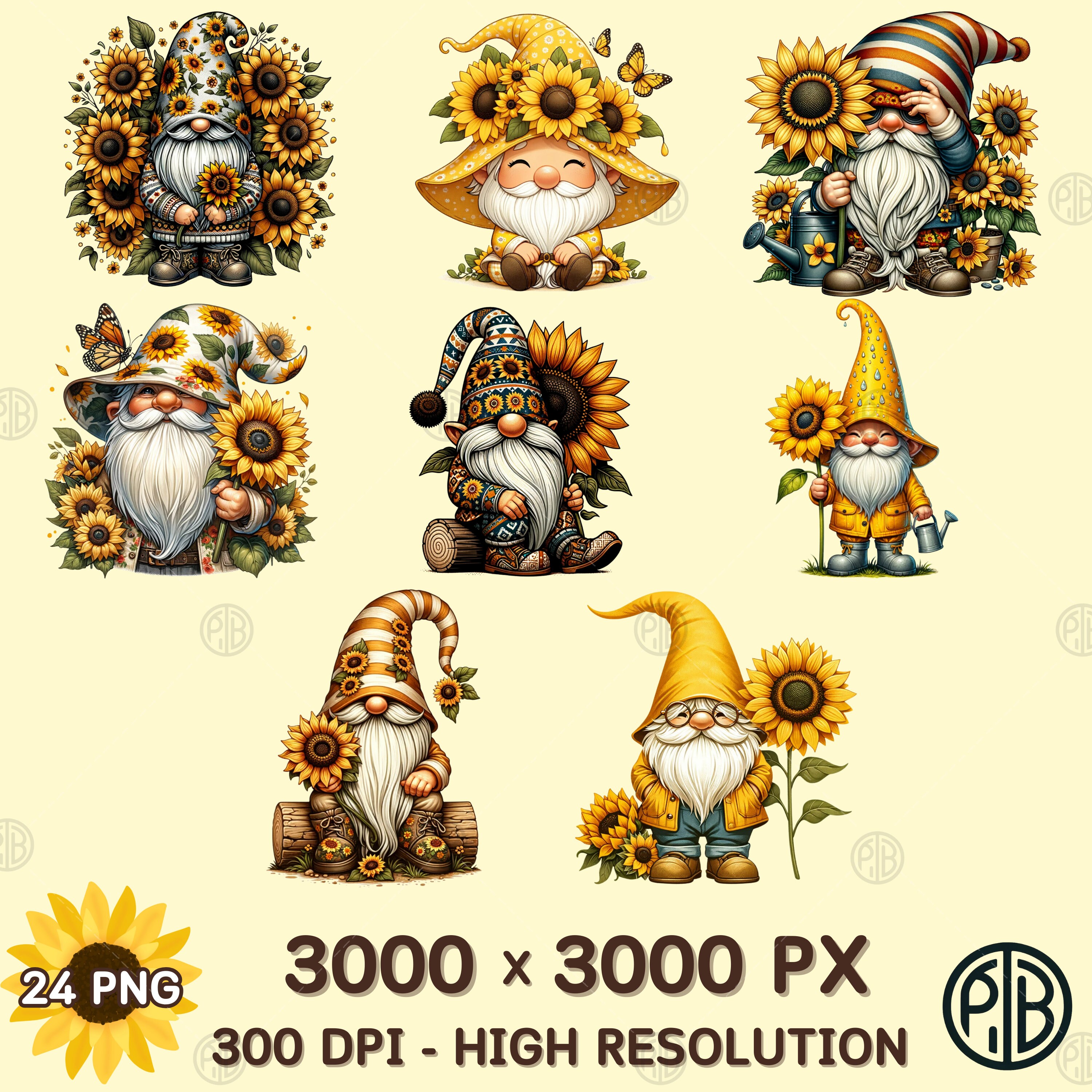 Watercolor Sunflower Gnome Clipart, Cute Sunflowers Gnomes PNG, Spring ...