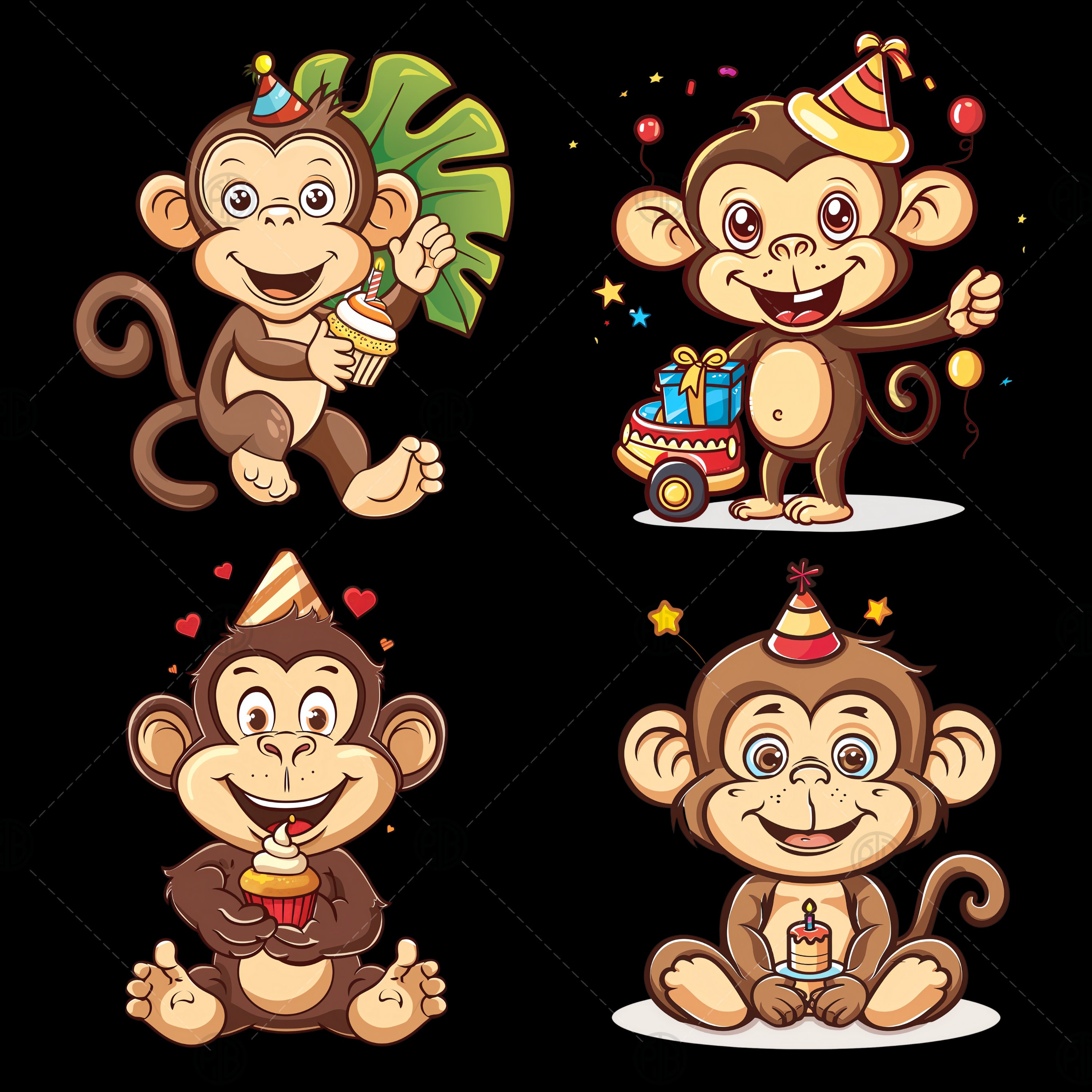 Watercolor Cute Monkey Birthday PNG, Jungle Animal Clip Art, Cake ...