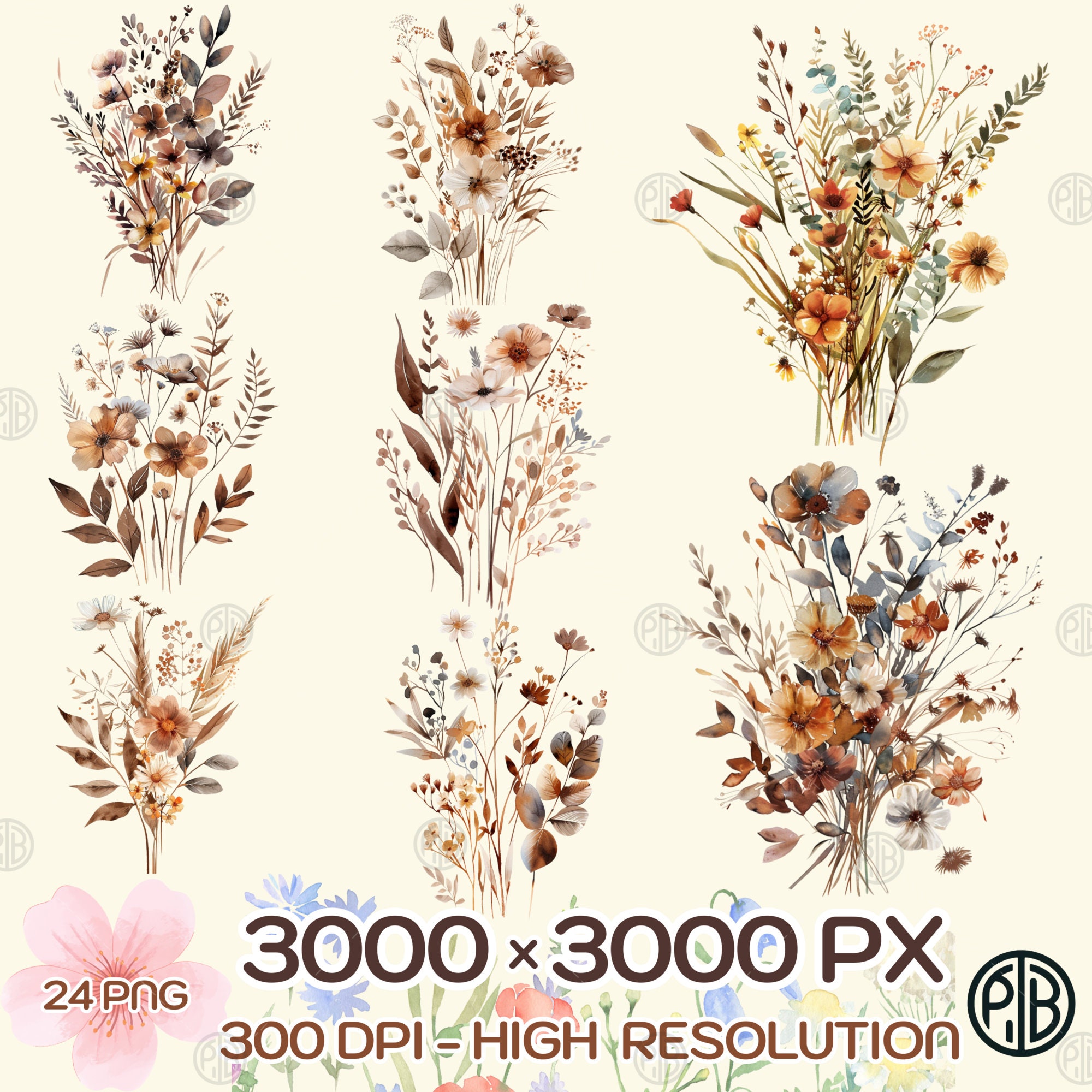 Watercolor Minimalist Wildflower PNG, Flower Clipart, Boho Floral Clip ...