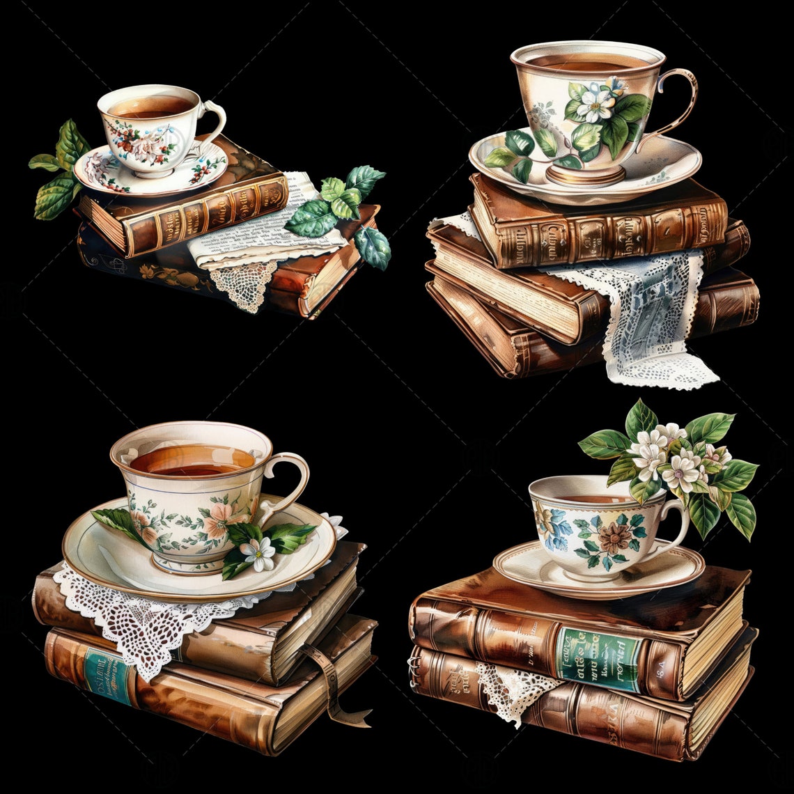 Watercolor Vintage Cup of Tea and Book PNG, Books Clip Art Portrait ...