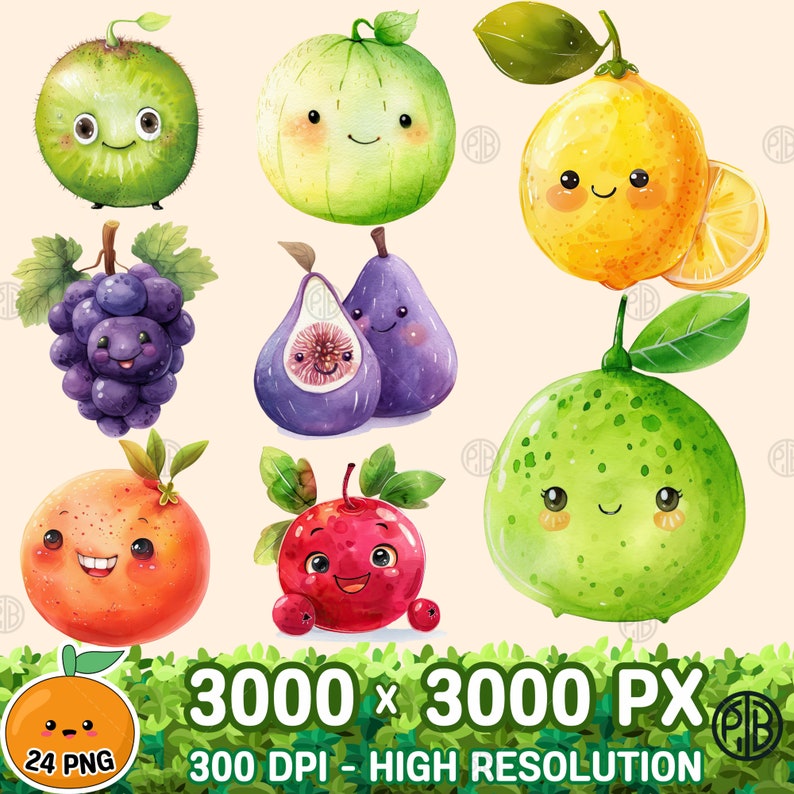 Watercolor Cute Fruits PNG, Kawaii Fruit Clip Art Portrait, Summer ...