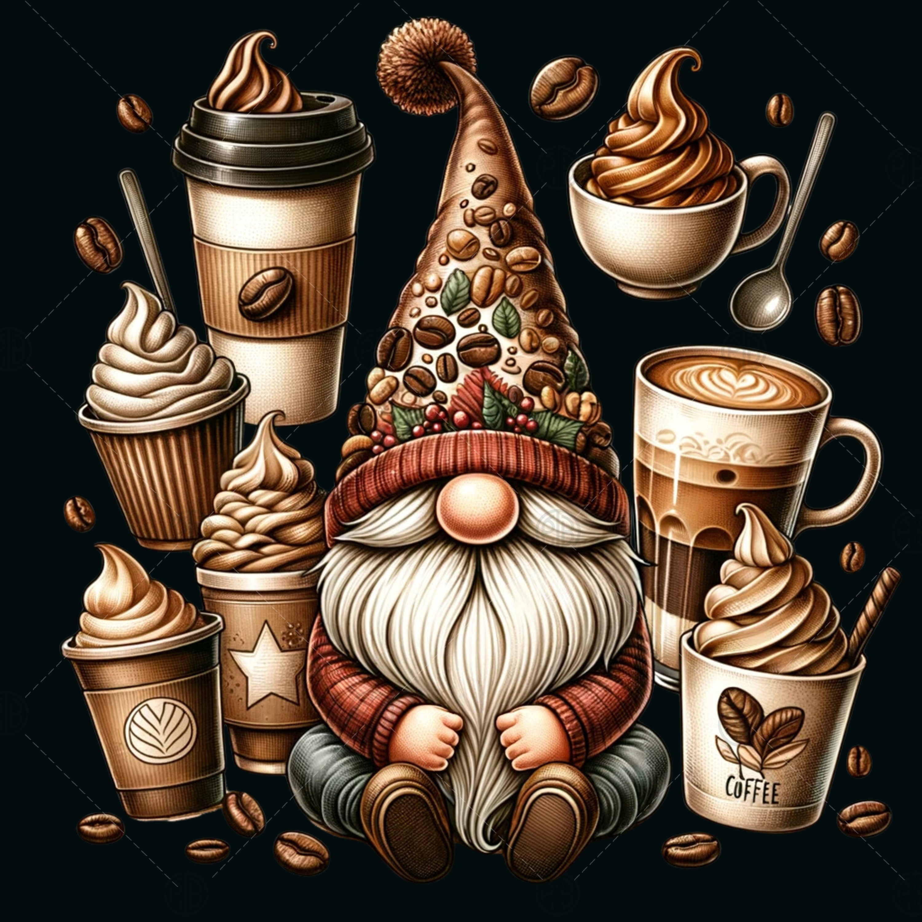 Watercolor Coffee Gnome Clipart, Cute Coffee Latte Gnomes PNG ...