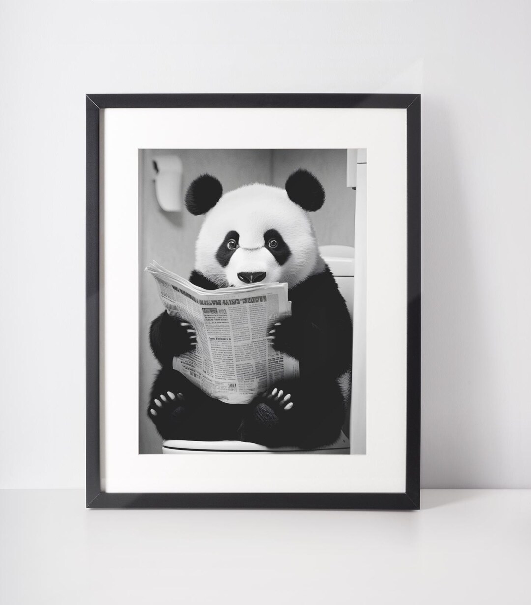 Panda Reading Newspaper on Toilet Wall Picture Black and White Wall ...