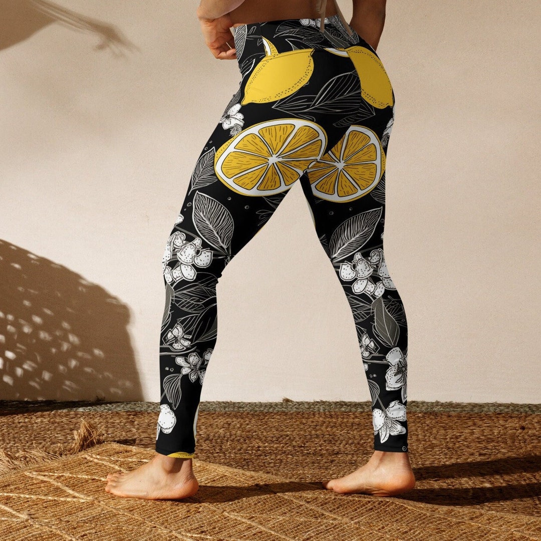 Dark Lemon Leggings / Lemon Yoga Pants Citrus Print Leggings Fresh ...