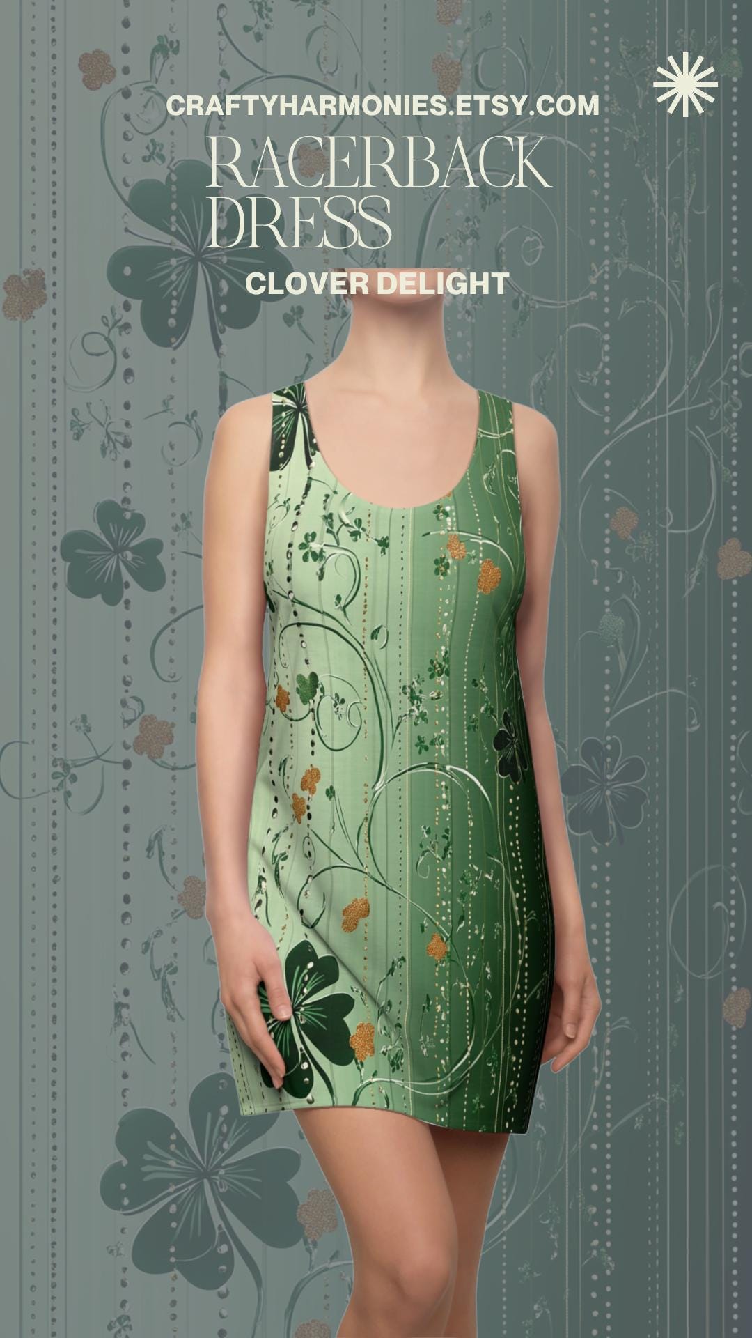 Racerback Dress, Clover Delight Four Leaf Clover Style, Irish Shamrock ...